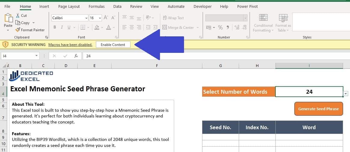Excel Mnemonic Phrase Generator | Dedicated Excel