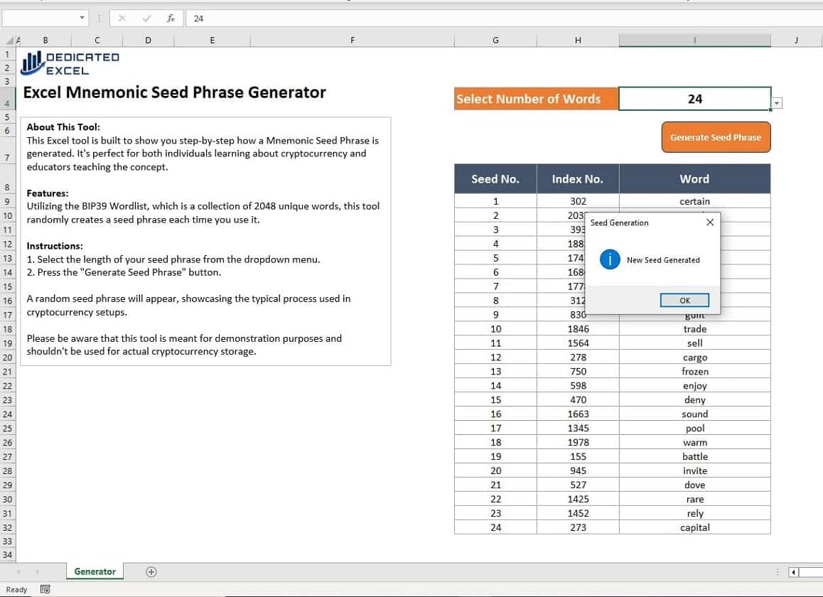 Excel Mnemonic Phrase Generator | Dedicated Excel